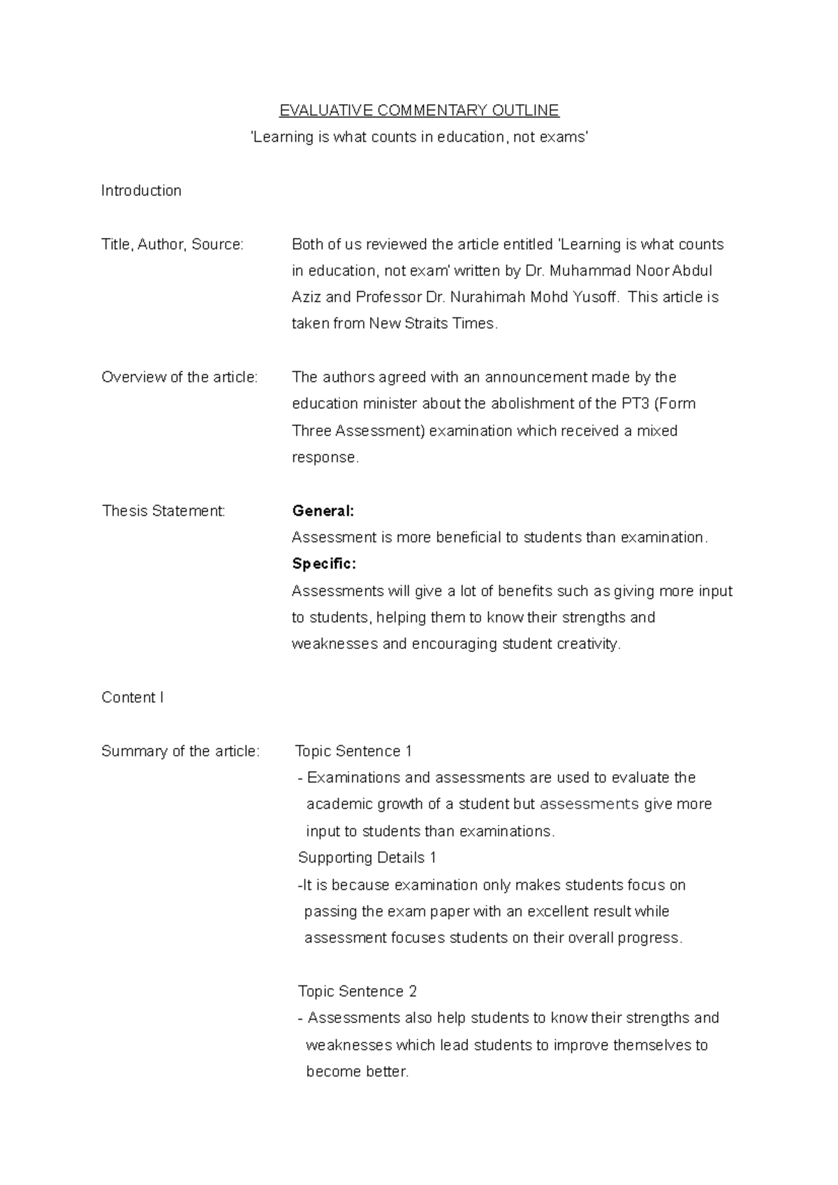 Evaluative Commentary Outline - EVALUATIVE COMMENTARY OUTLINE ‘Learning is what counts in ...