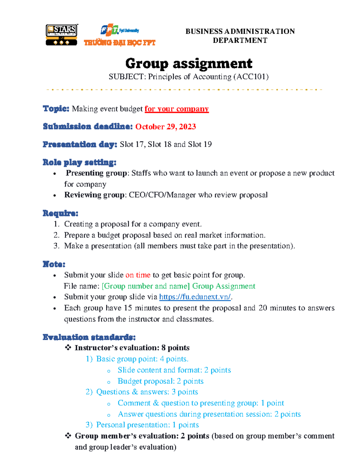 ACC101 group assignment - BUSINESS ADMINISTRATION DEPARTMENT Group assignment SUBJECT ...
