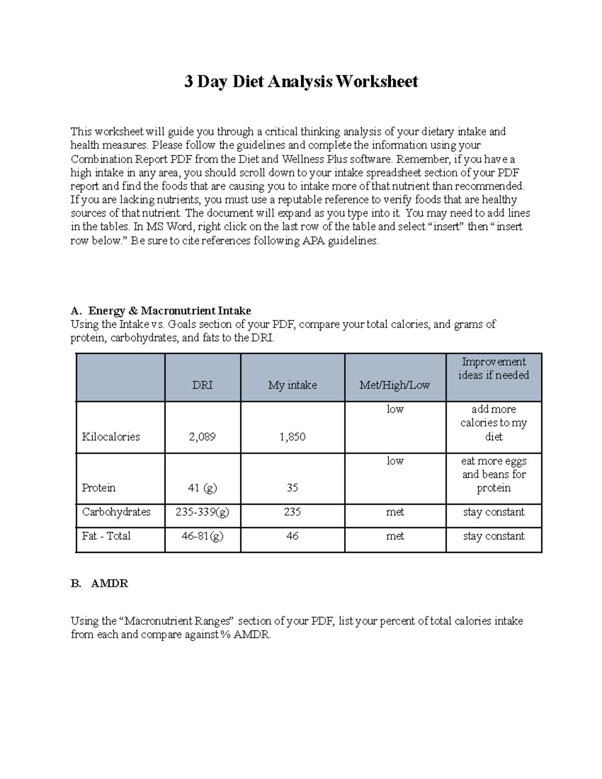 3 Day Diet Analysis Worksheet - Studocu