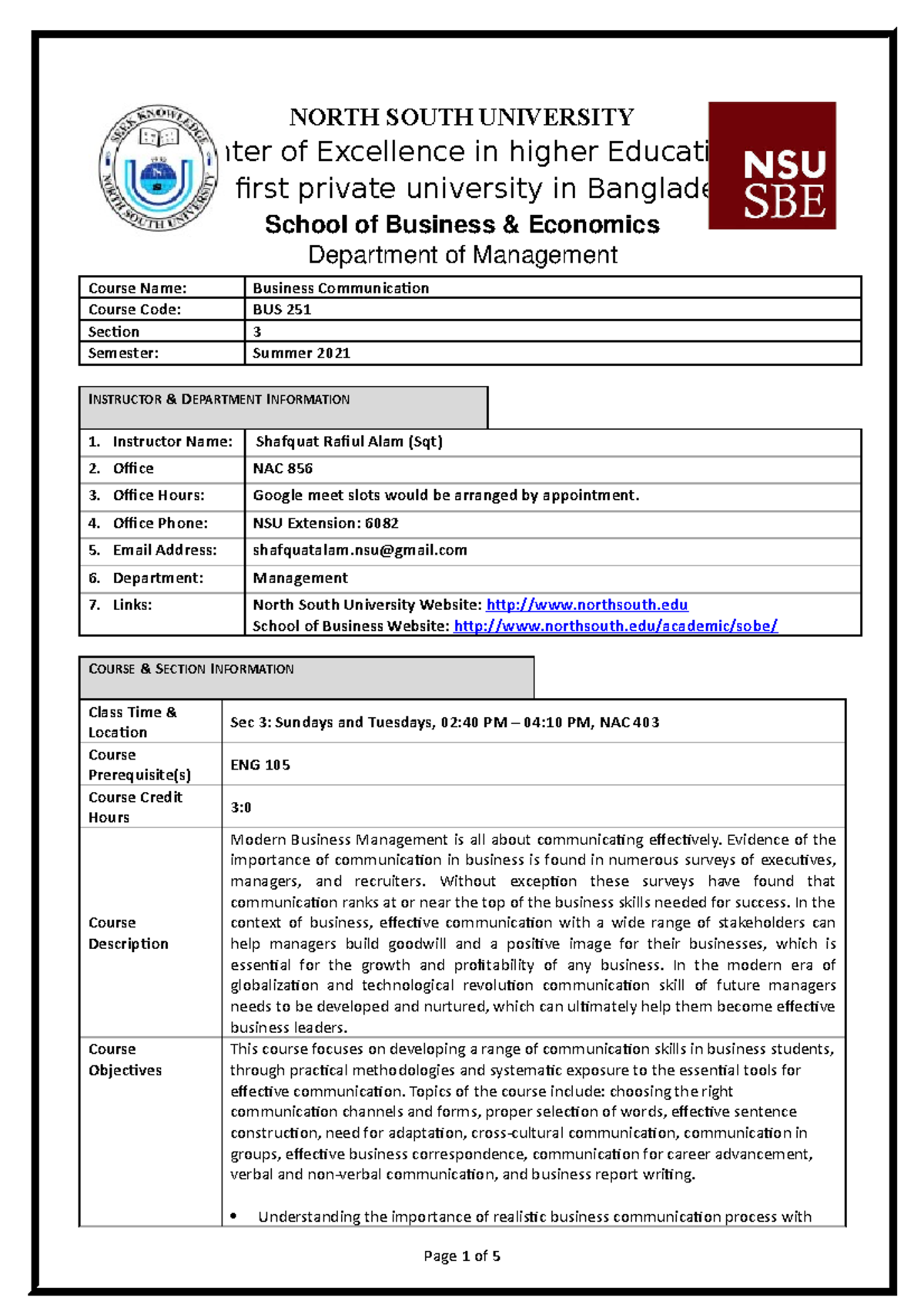 BUS 251 Course Outline material - NORTH SOUTH UNIVERSITY Center of ...