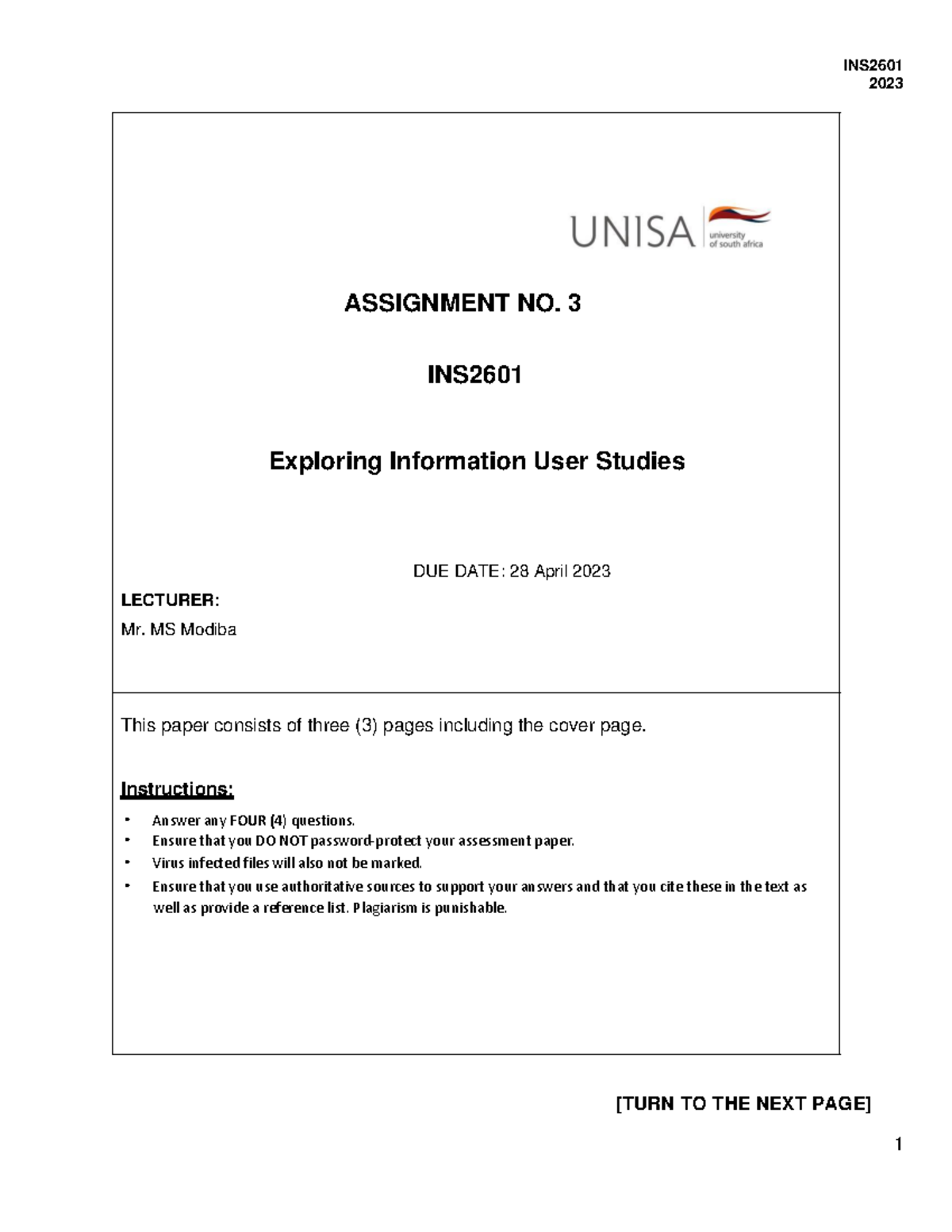 INS2601 Assessment 03 S1 2023 - INS 2023 1 ASSIGNMENT NO. 3 INS ...