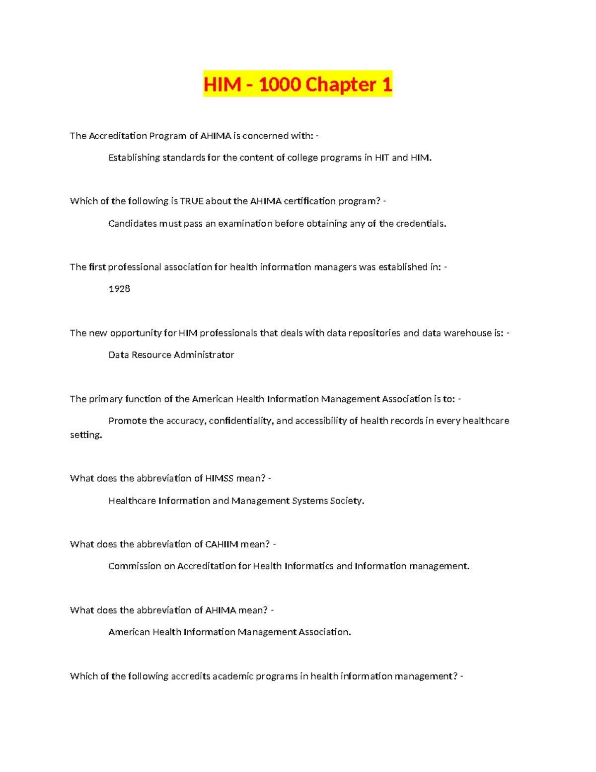 HIM - 1000 Chapter 1 - Health Information Technology (HIT) - HIM - 1000 ...