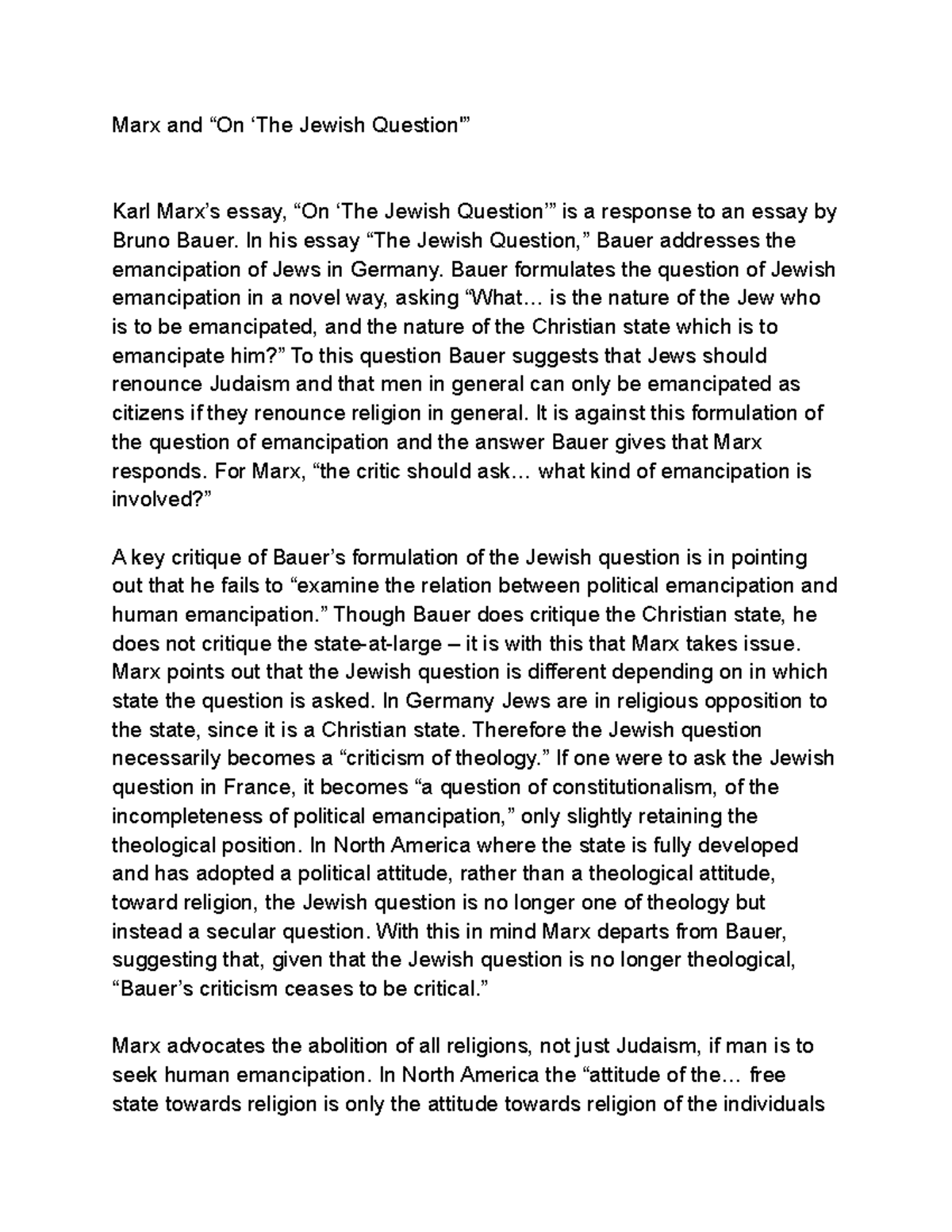 Marx and “On ‘The Jewish Question'” - HISTORY - Delhi University - Studocu