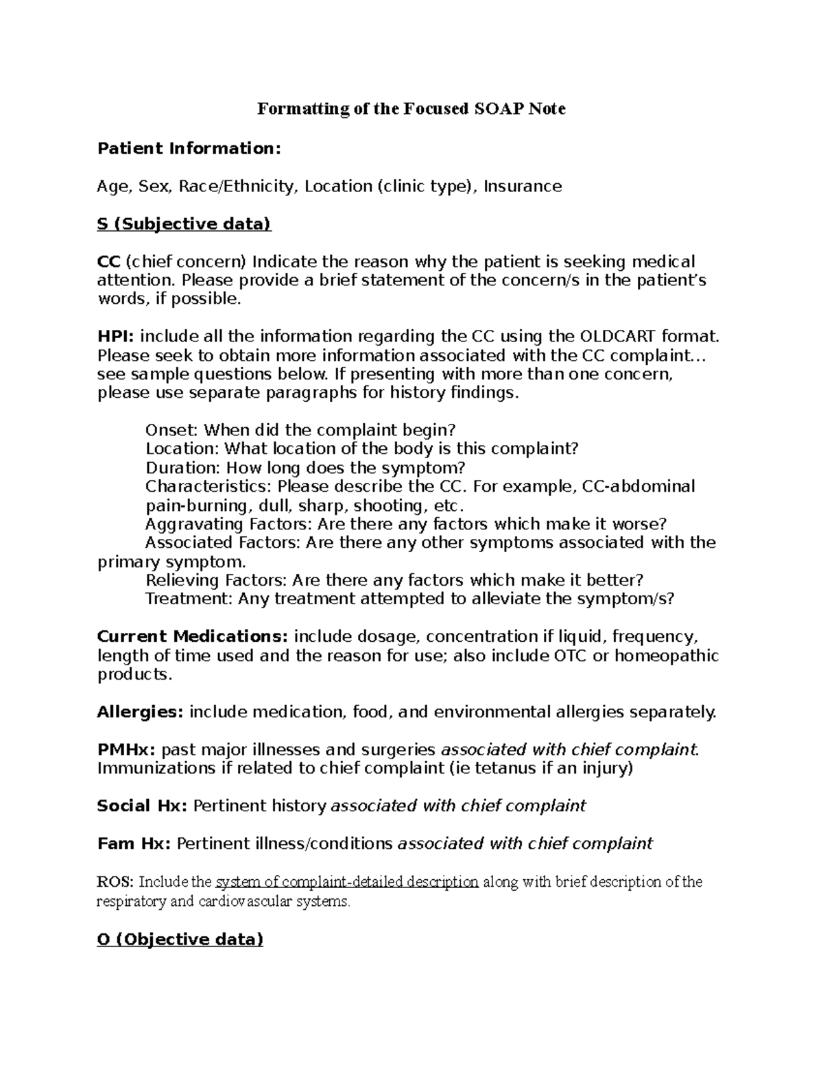 Pediatric Focused SOAP Note 2023 - Formatting of the Focused SOAP Note ...