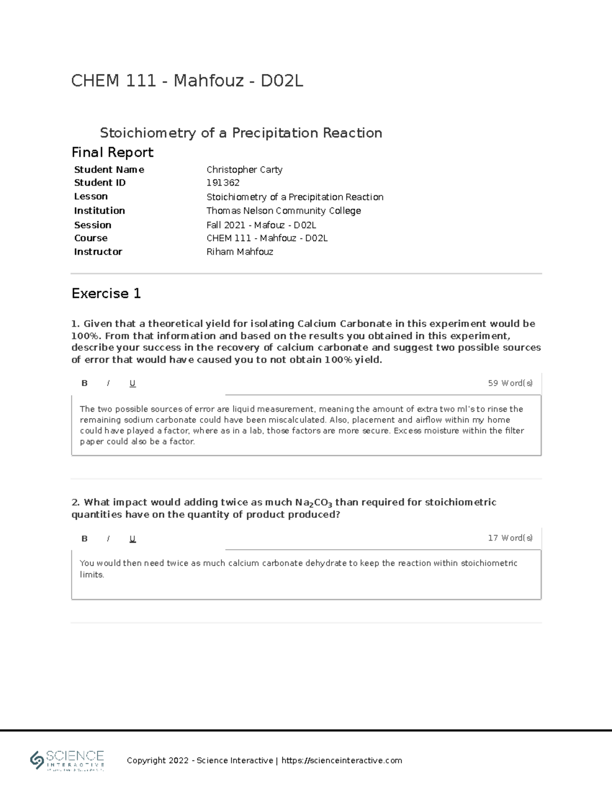Stoichiometry Precipitation Reaction Lab on HOL server - Copyright 2022 ...
