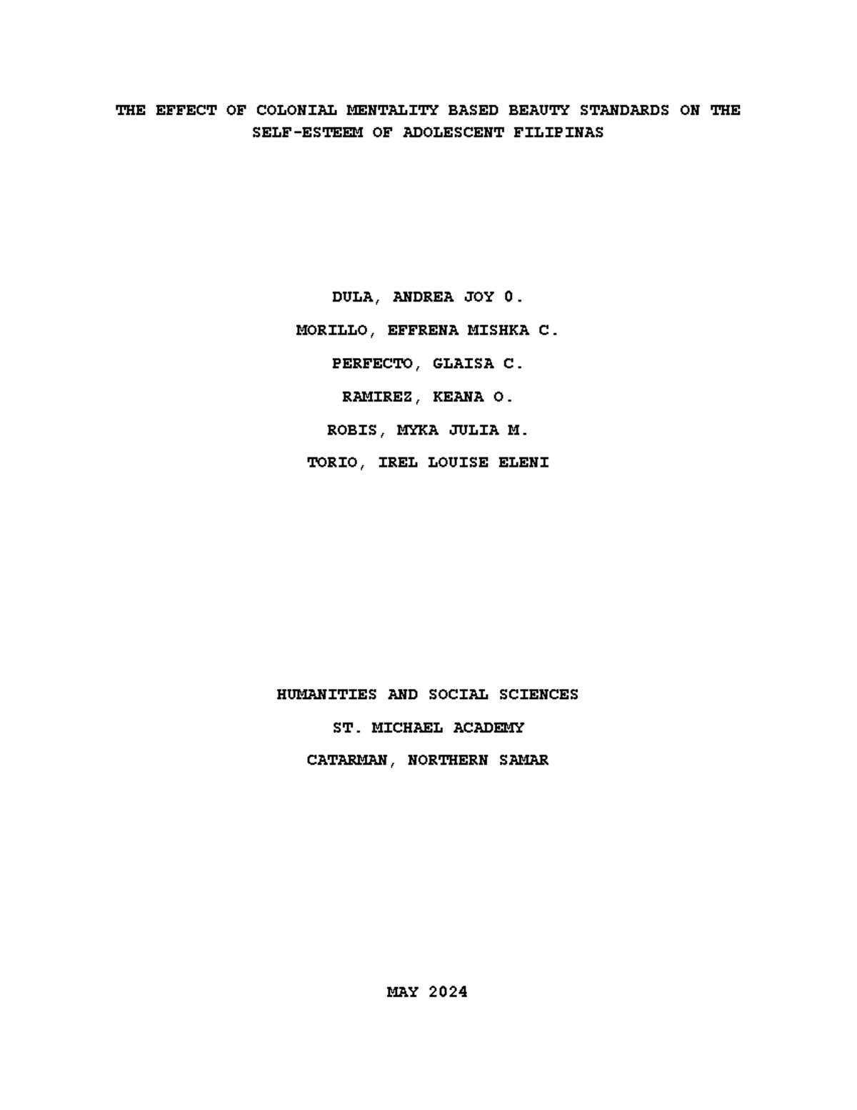 EFFECT OF COLONIAL MENTALITY BASED BEAUTY STANDARDS ON THE SELF-ESTEEM ...