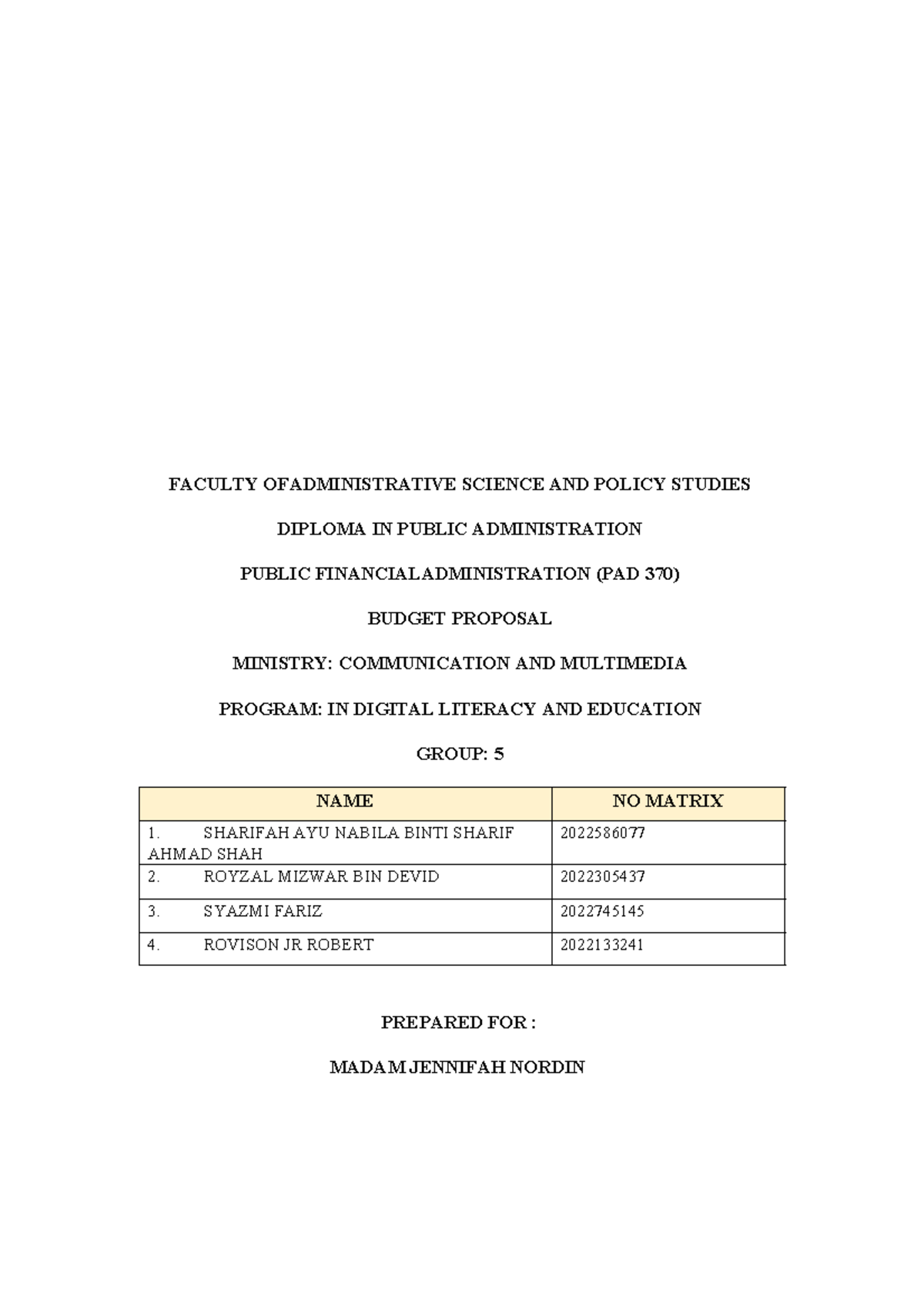 PAD370 Assignment - Ministry of communication - FACULTY ...
