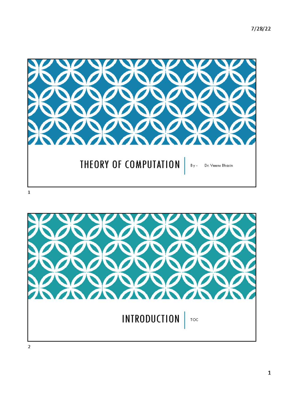 3.Lecture 1 TOC chap 1 to 4 - THEORY OF COMPUTATION By - Dr. Veenu Bhasin 1 INTRODUCTION TOC 2 ...