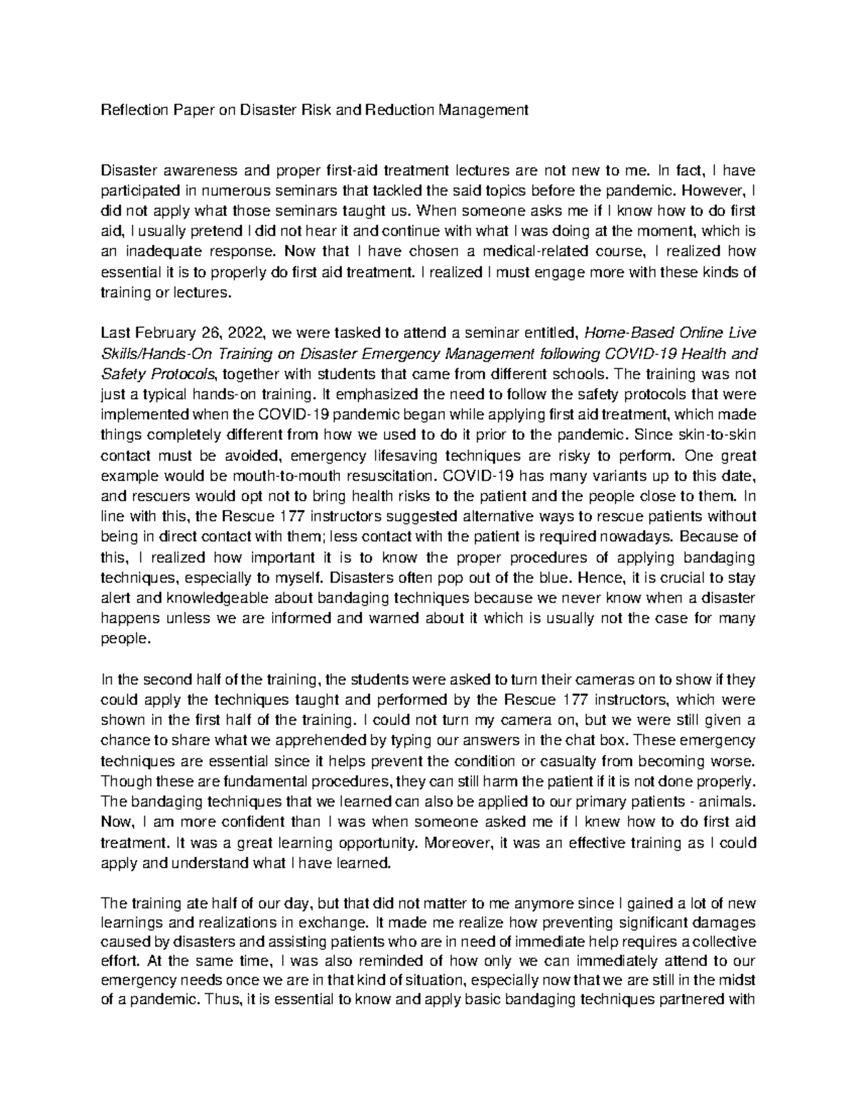 Reflection Paper On Disaster Risk And Reduction Management DRRR