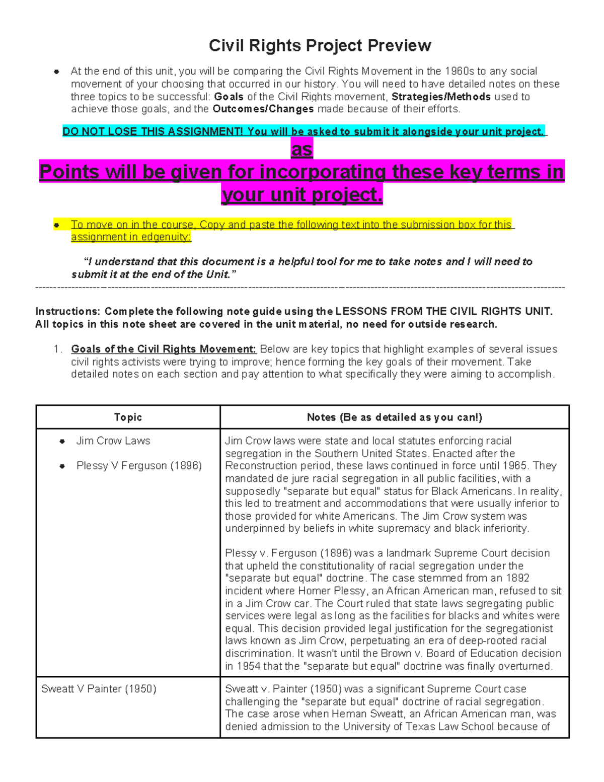 Civil Rights Project Preview - You will need to have detailed notes on ...