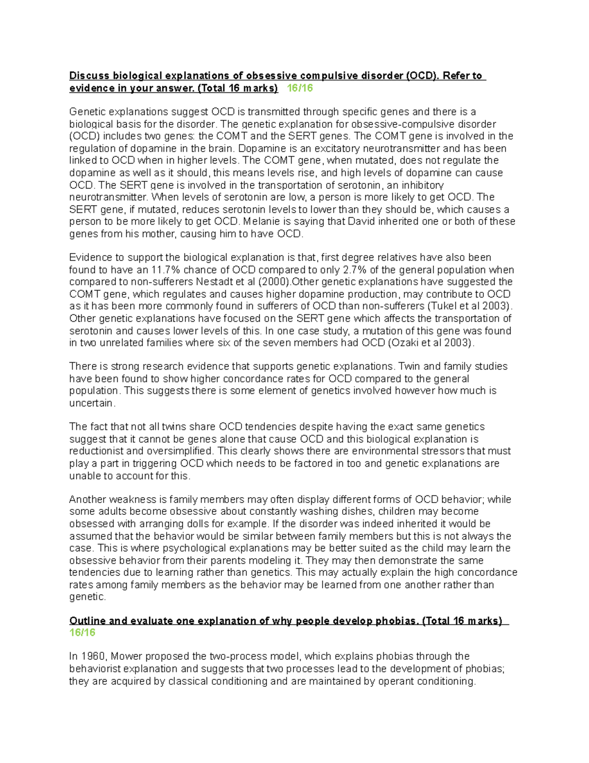 16 markers - essay - Discuss biological explanations of obsessive ...