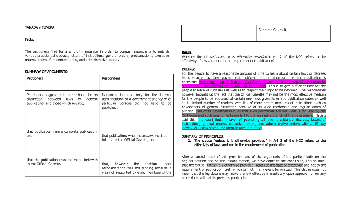 Statcon CASE - Cases to read - TANADA v TUVERA Facts: The petitioners filed for a writ of ...