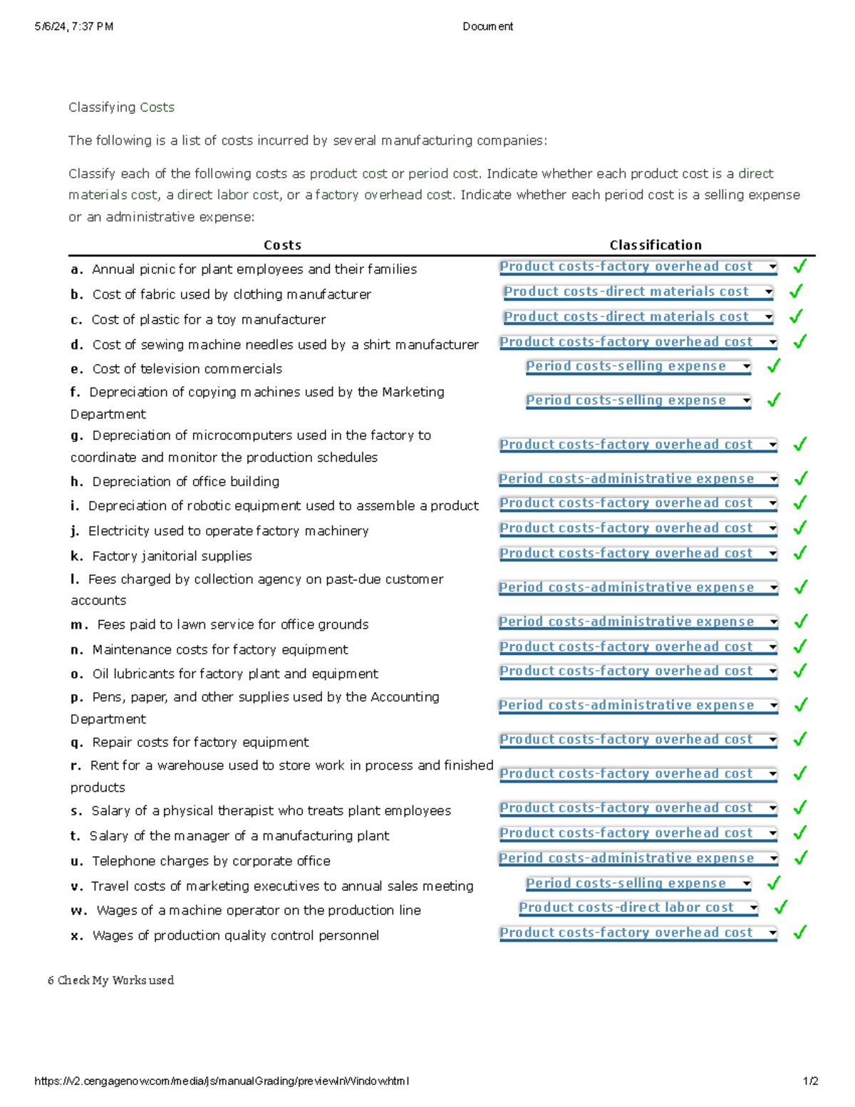 ACC 202 - Problem Set Module 1-3 - 6 Check My Works used Classifying ...