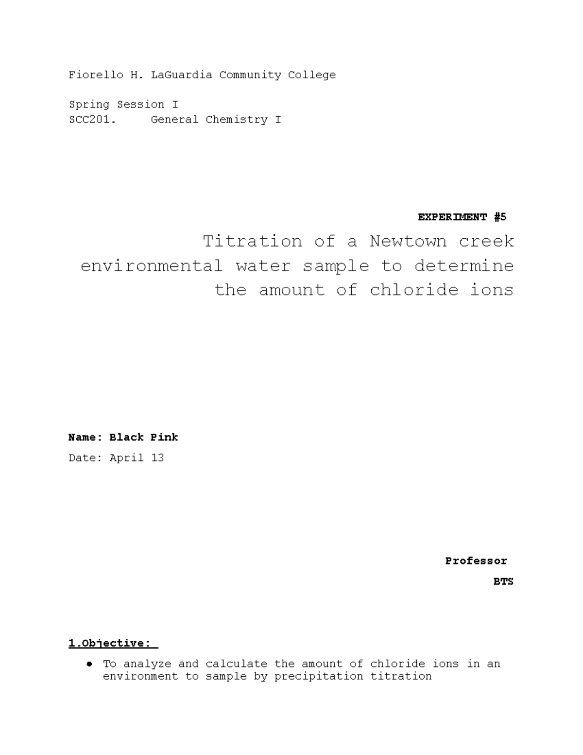 Lab5 - Lab5-Titration of a Newtown Creek environmental water sample to ...