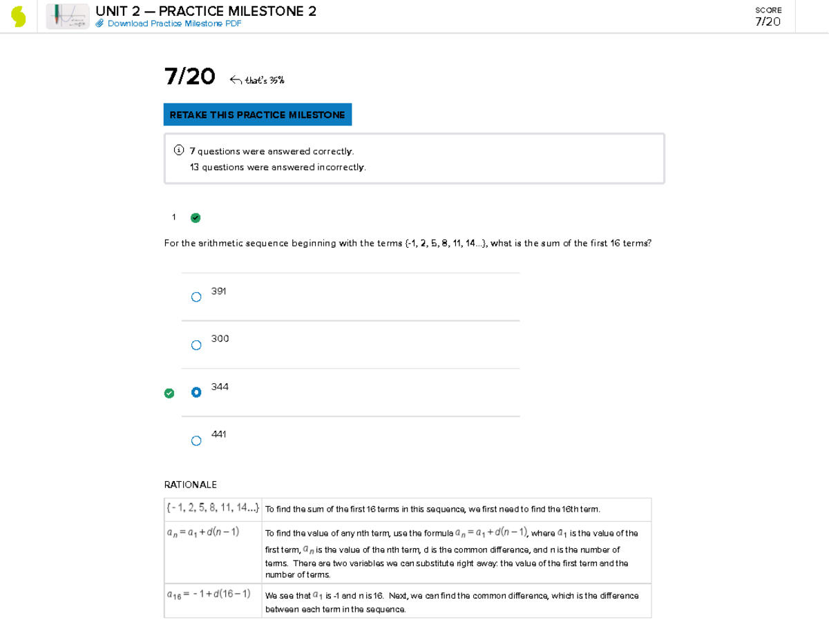 Sophia college algebra practice milestone 2-2 - 1 7 / 20 that's 35% ...