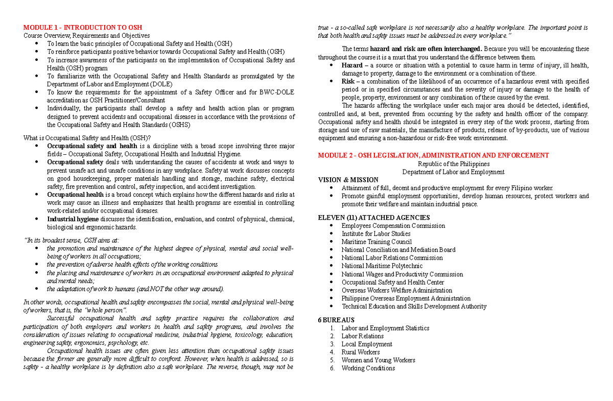 BOSH-ING Shing - Basic Occupation Safety and Health Notes - MODULE 1 ...