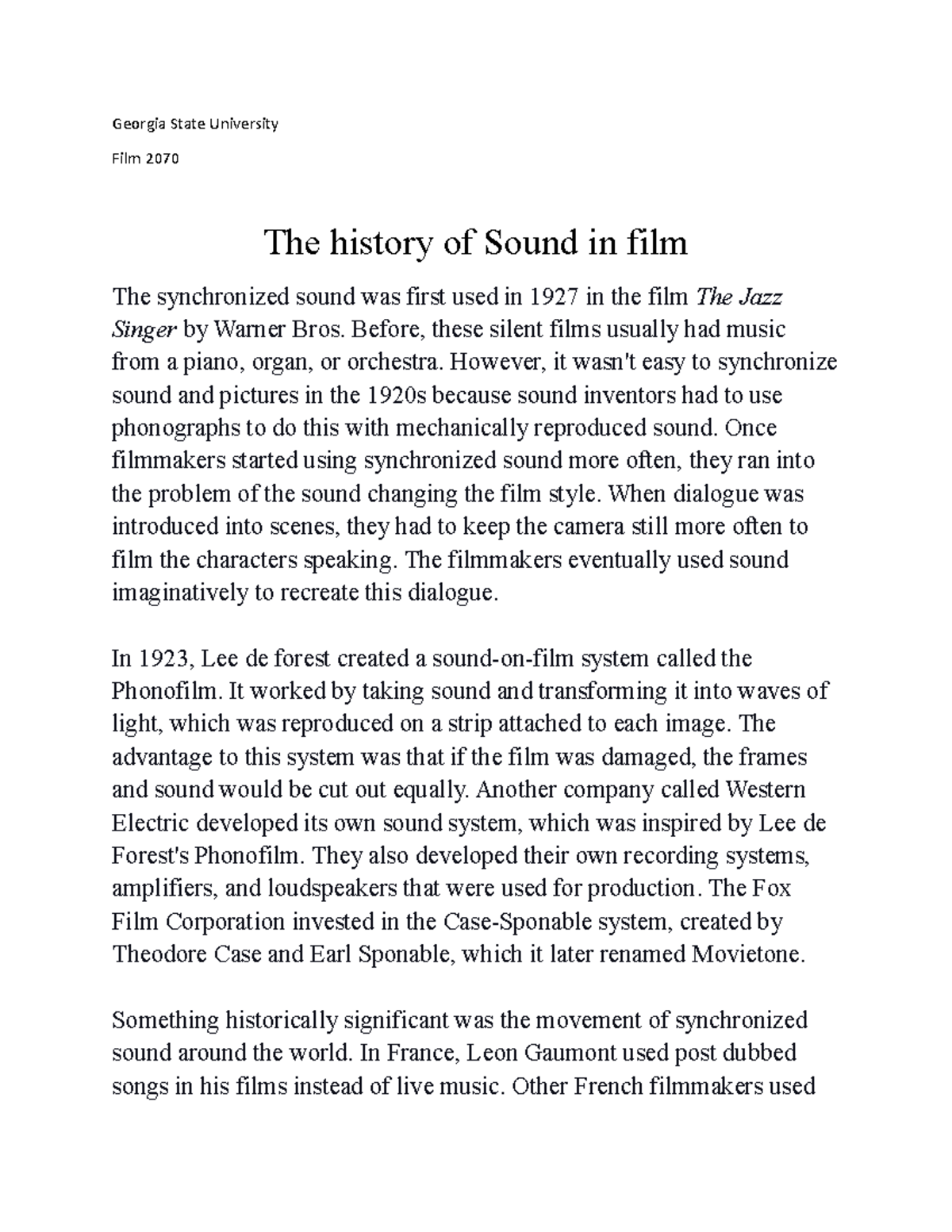 The History of Sound in Film Chapter Review - Georgia State University ...