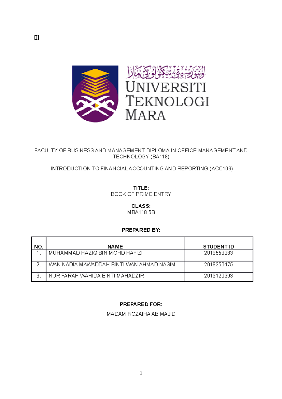 ACC BOOK OF Prime Entry Group 4 - Document Processing - UiTM - Studocu