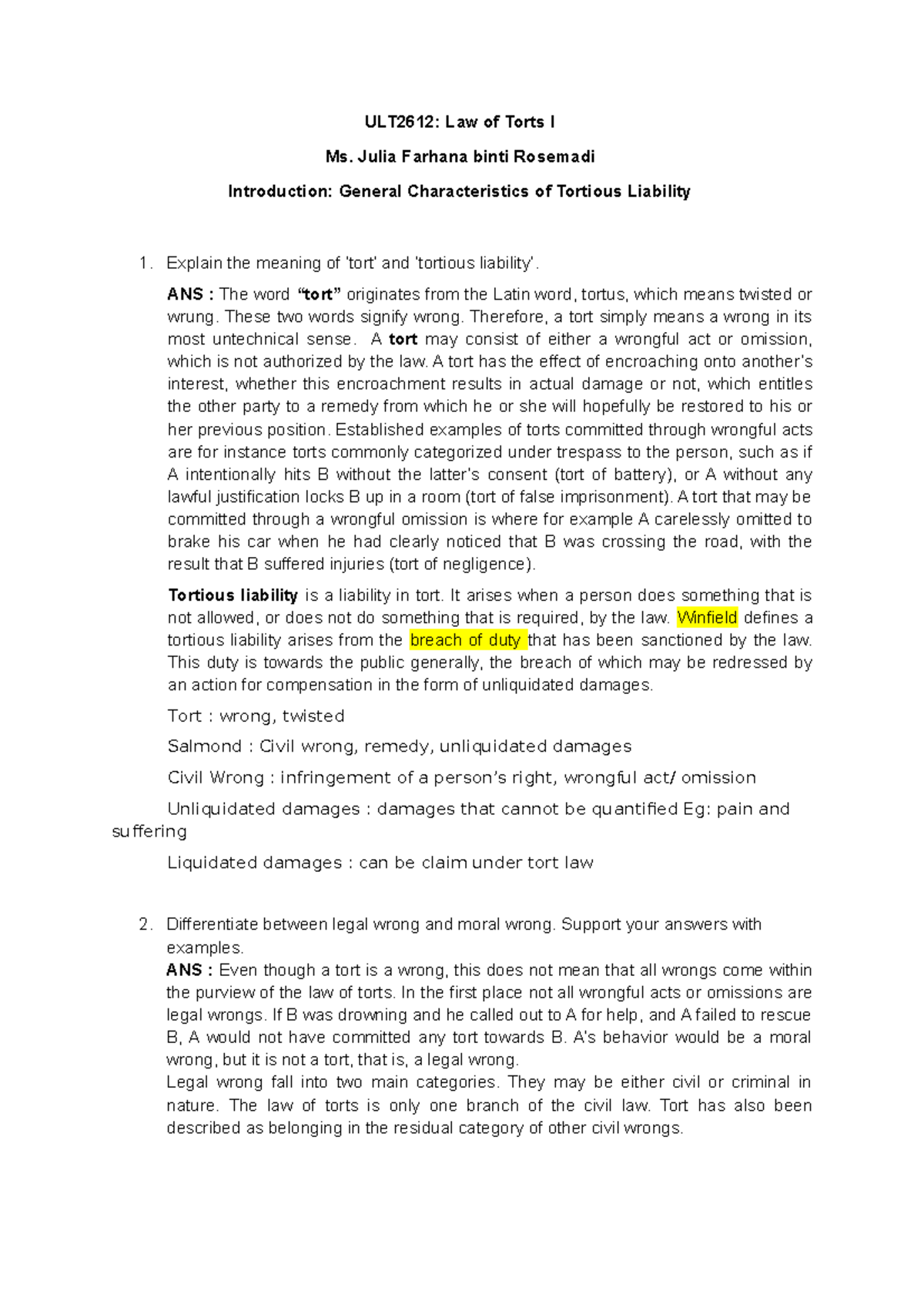 Tutorial 1 (Introduction)Tort law - ULT2612: Law of Torts I Ms. Julia ...