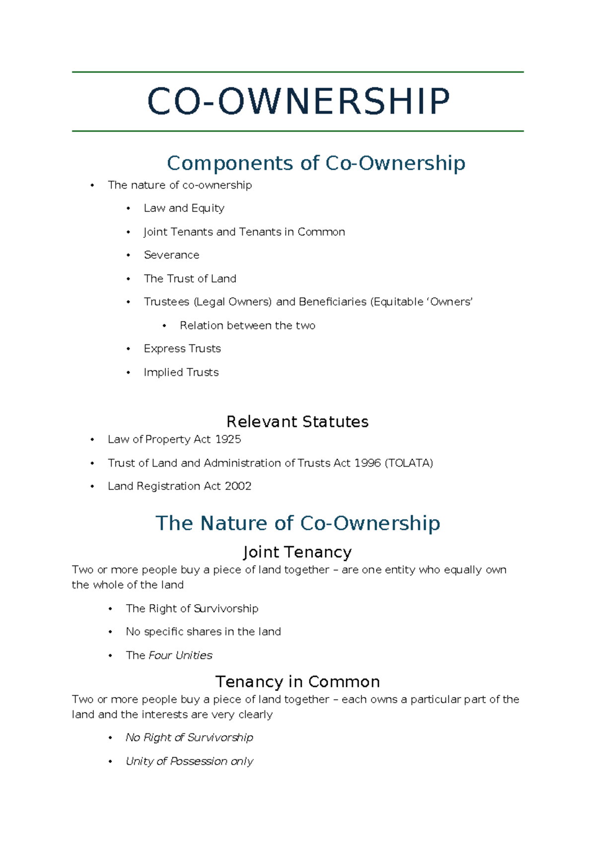 4 - Co-ownership - Co-ownership Notes - CO-OWNERSHIP Components of Co ...