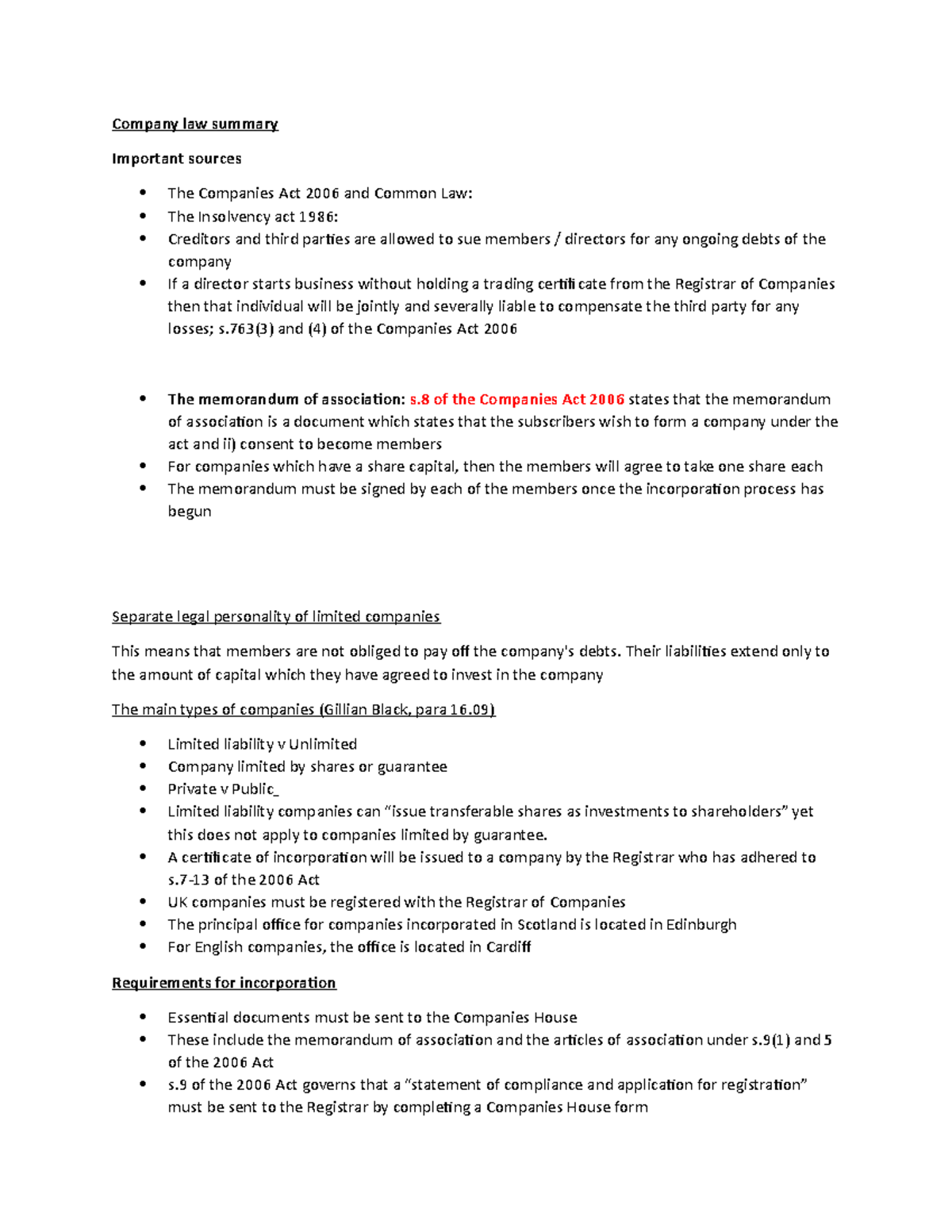 Company law summary - Company law summary Important sources The ...