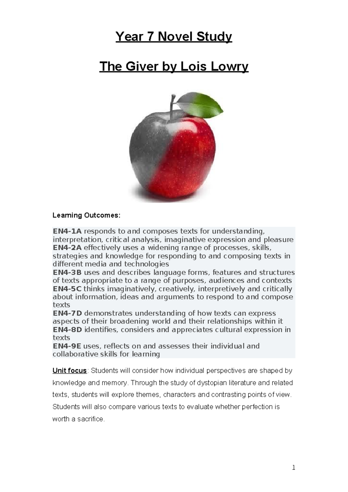 Year 7 Novel Study The Giver Booklet - Year 7 Novel Study The Giver by ...