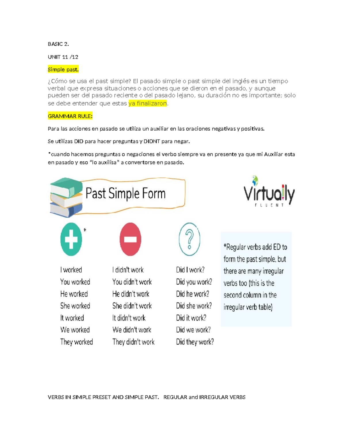 Basic 2 UNIT 11 - BASIC 2. UNIT 11 / Simple past. ¿Cómo se usa el past simple? El pasado simple ...