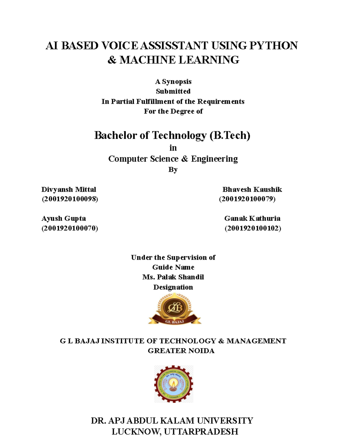 Project Synopsis - AI BASED VOICE ASSISSTANT USING PYTHON & MACHINE ...