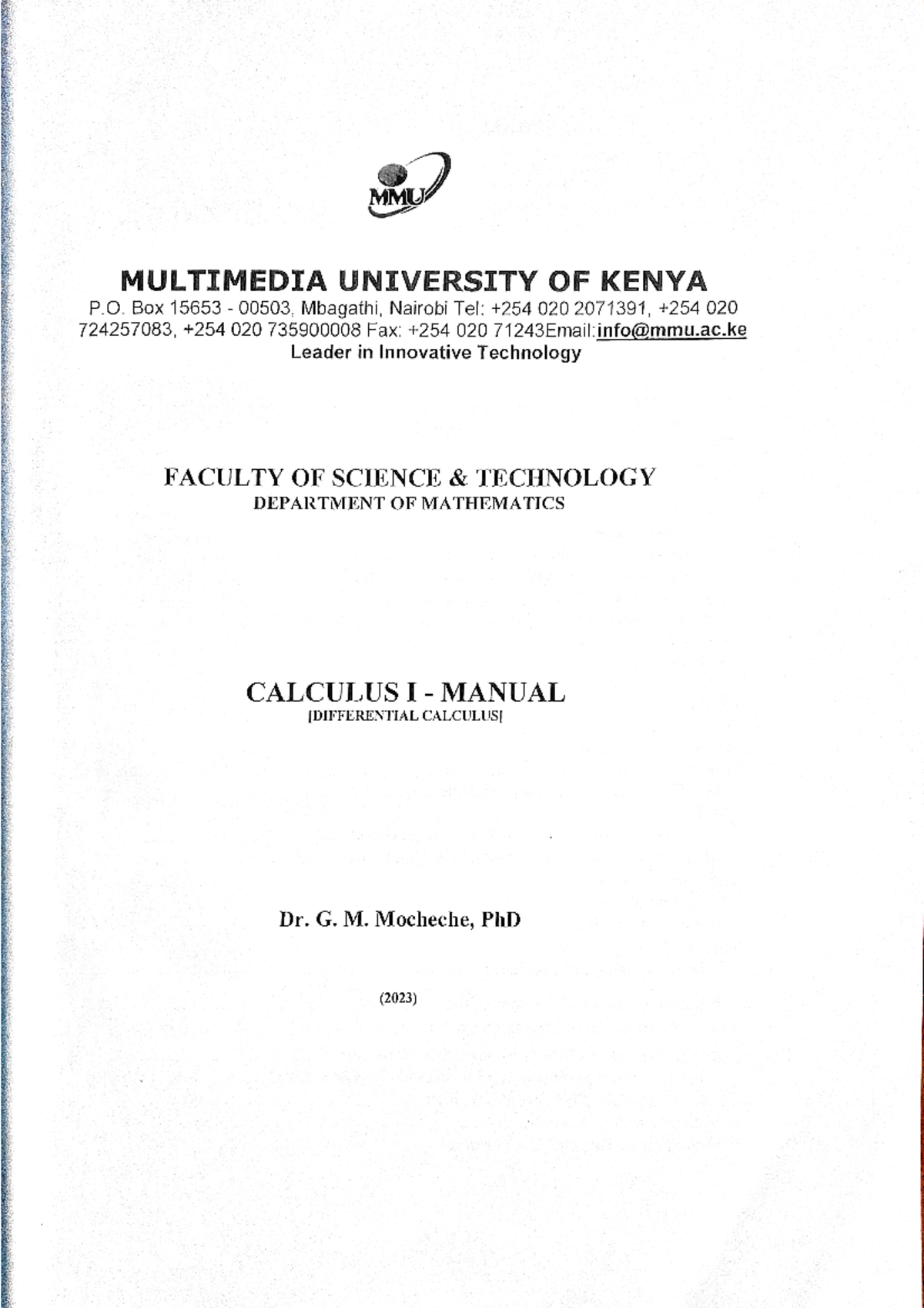 Calculus 1, Dr.Mocheche, Phd - SOFTWARE ENGINEERING - Studocu