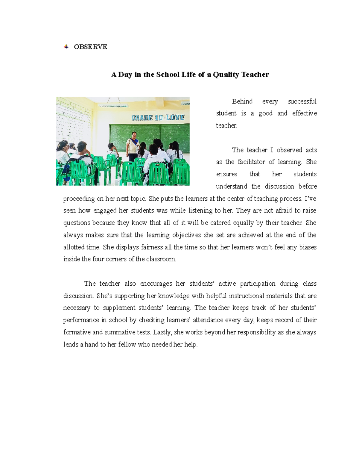 FS1 15 - Field Study - OBSERVE A Day in the School Life of a Quality ...