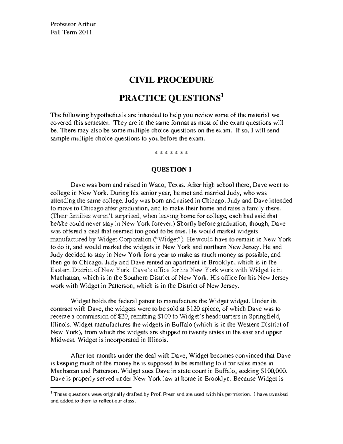 Civ pro exam hypo - exam hypo - Professor Arthur Fall Term 2011 CIVIL ...