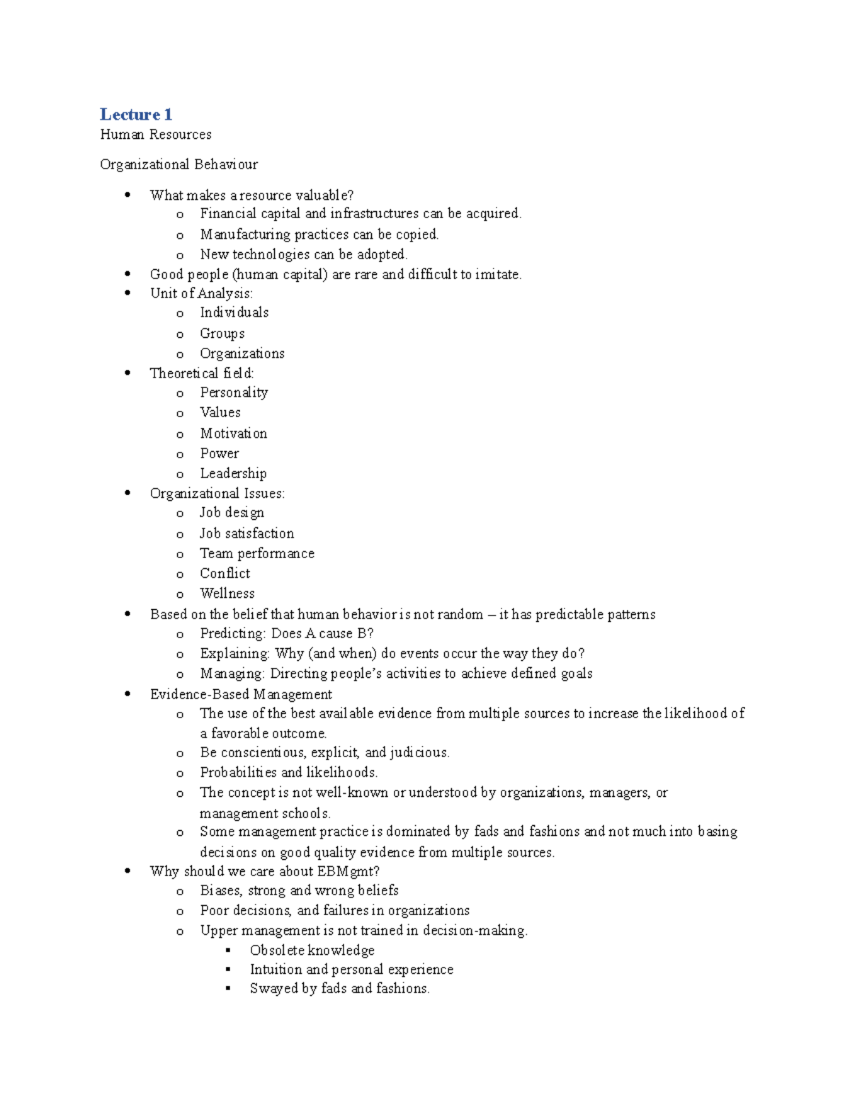 OBHR 317 Notes - bhbkkj - Lecture 1 Human Resources Organizational ...