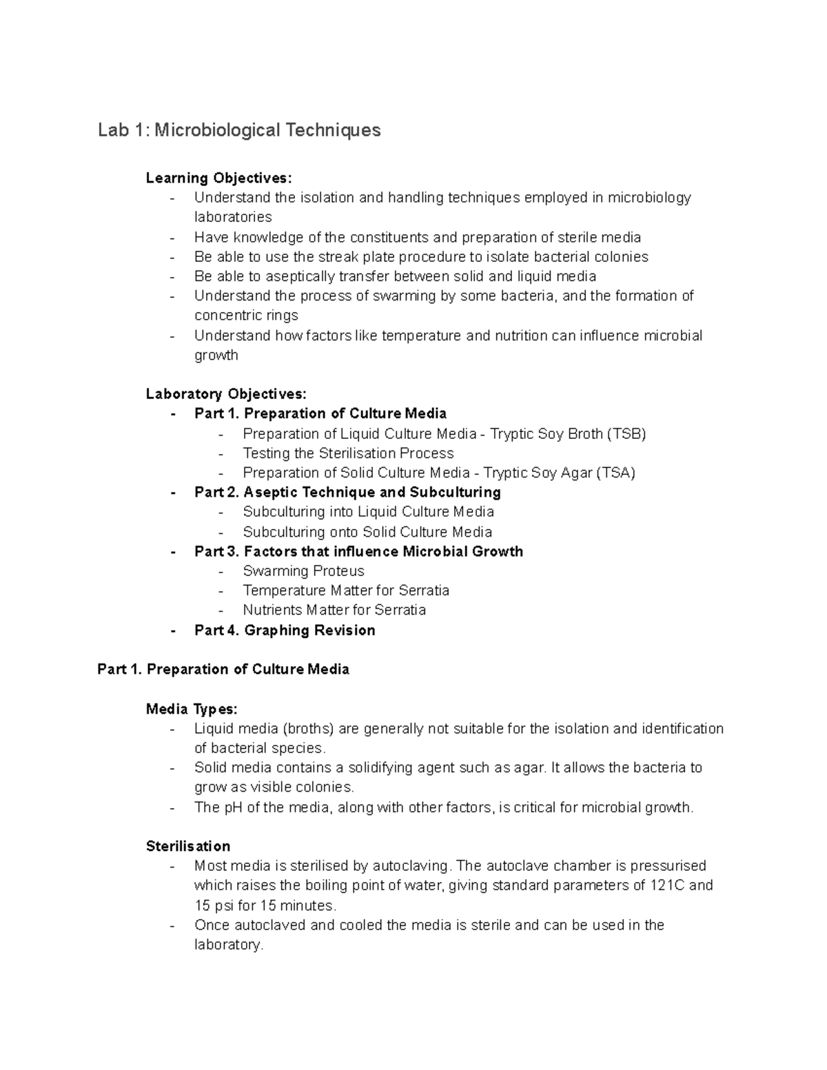 Lab Test Notes - Lab 1: Microbiological Techniques Learning Objectives ...