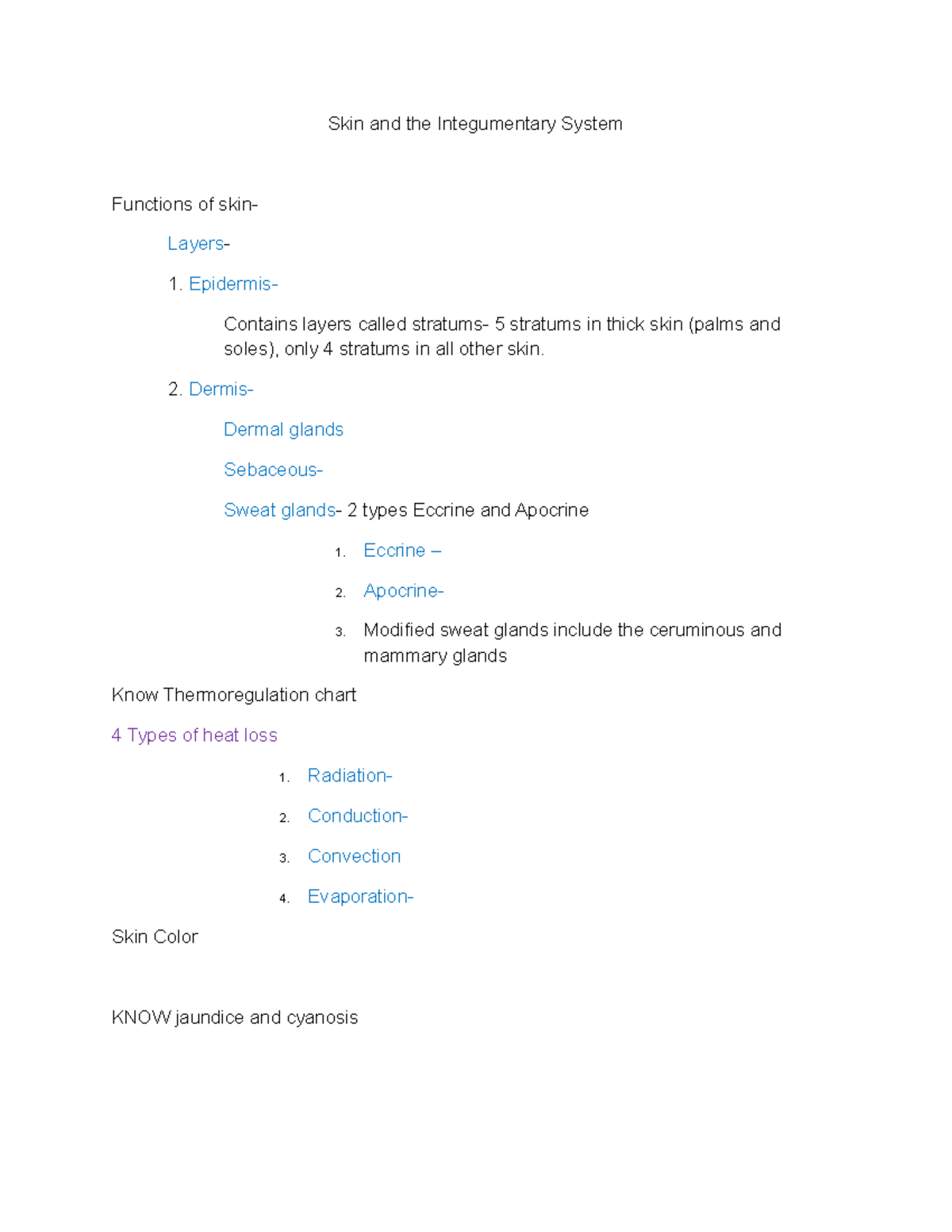 Integumentary system Class Notes - Skin and the Integumentary System ...