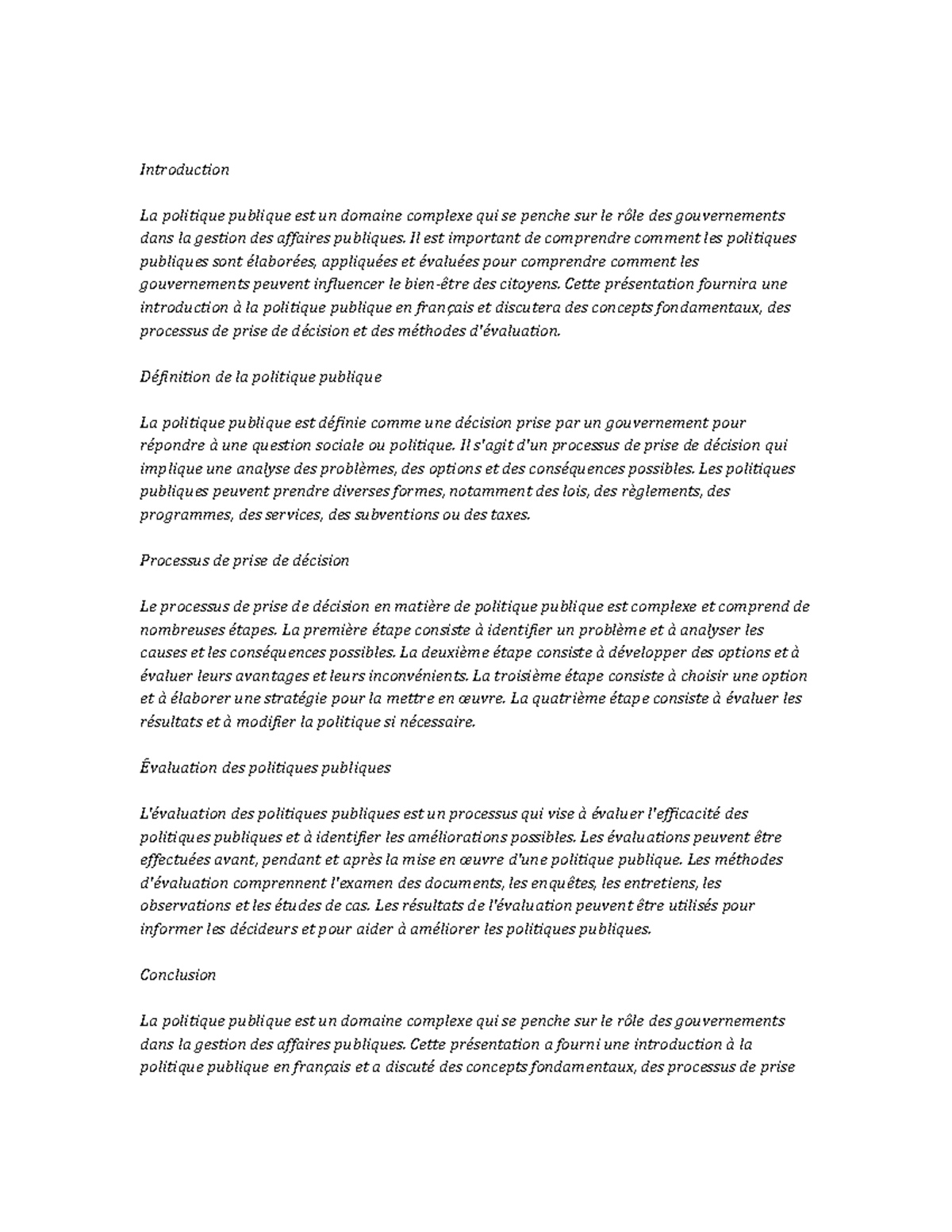 Public Policy Notes de cours - Introduction La politique publique est ...