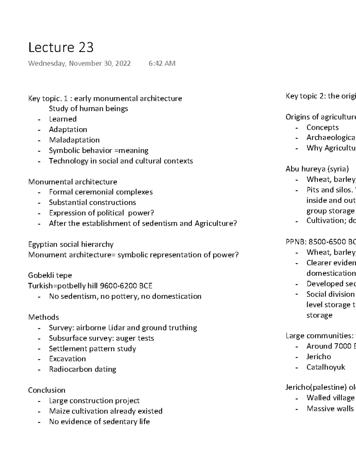 Lecture 23 notes - Key topic. 1 : early monumental architecture Study ...