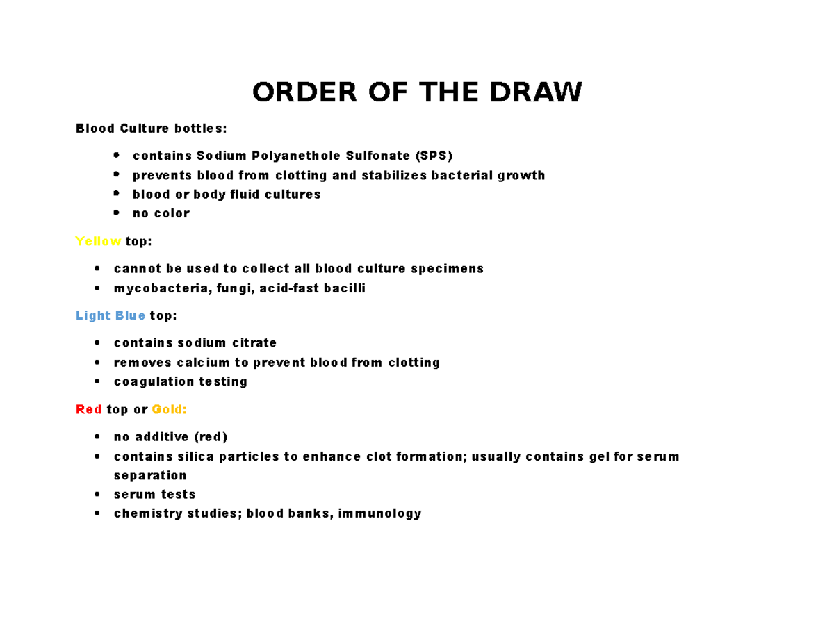 Order OF THE DRAW - ORDER OF THE DRAW Blood Culture bottles: contains ...