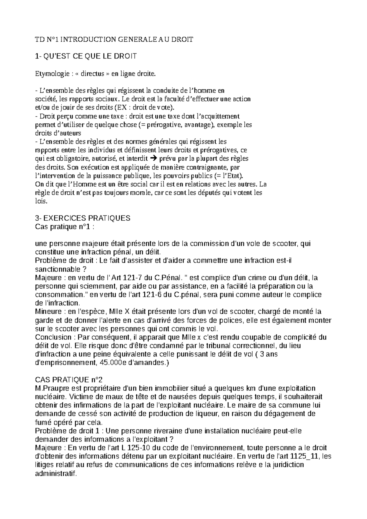 TD Intro AU Droit Generale N°1 - TD N°1 INTRODUCTION GENERALE AU DROIT 1- QU’EST CE QUE LE DROIT ...