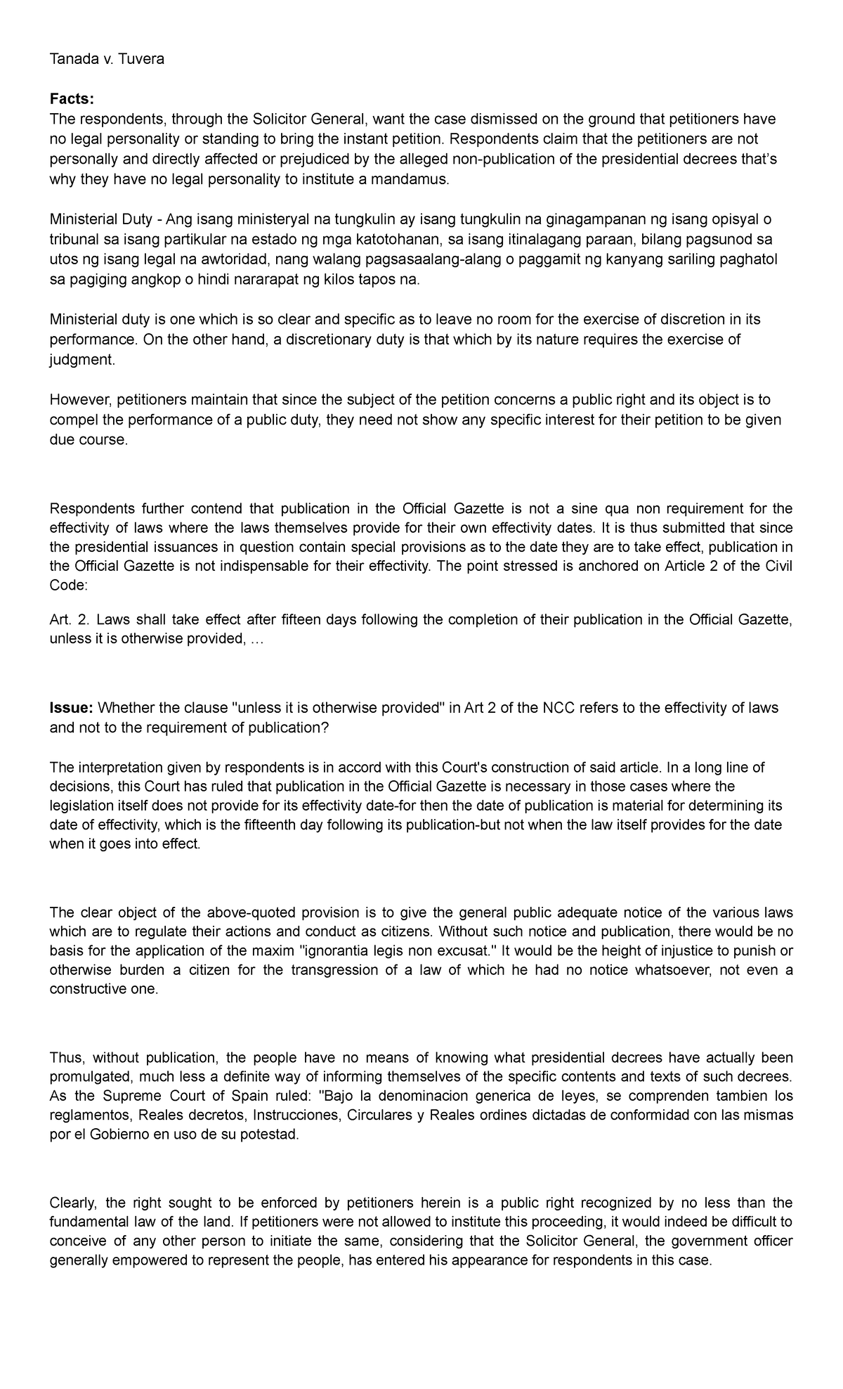Family CODE - Cases - Tanada v. Tuvera Facts: The respondents, through ...