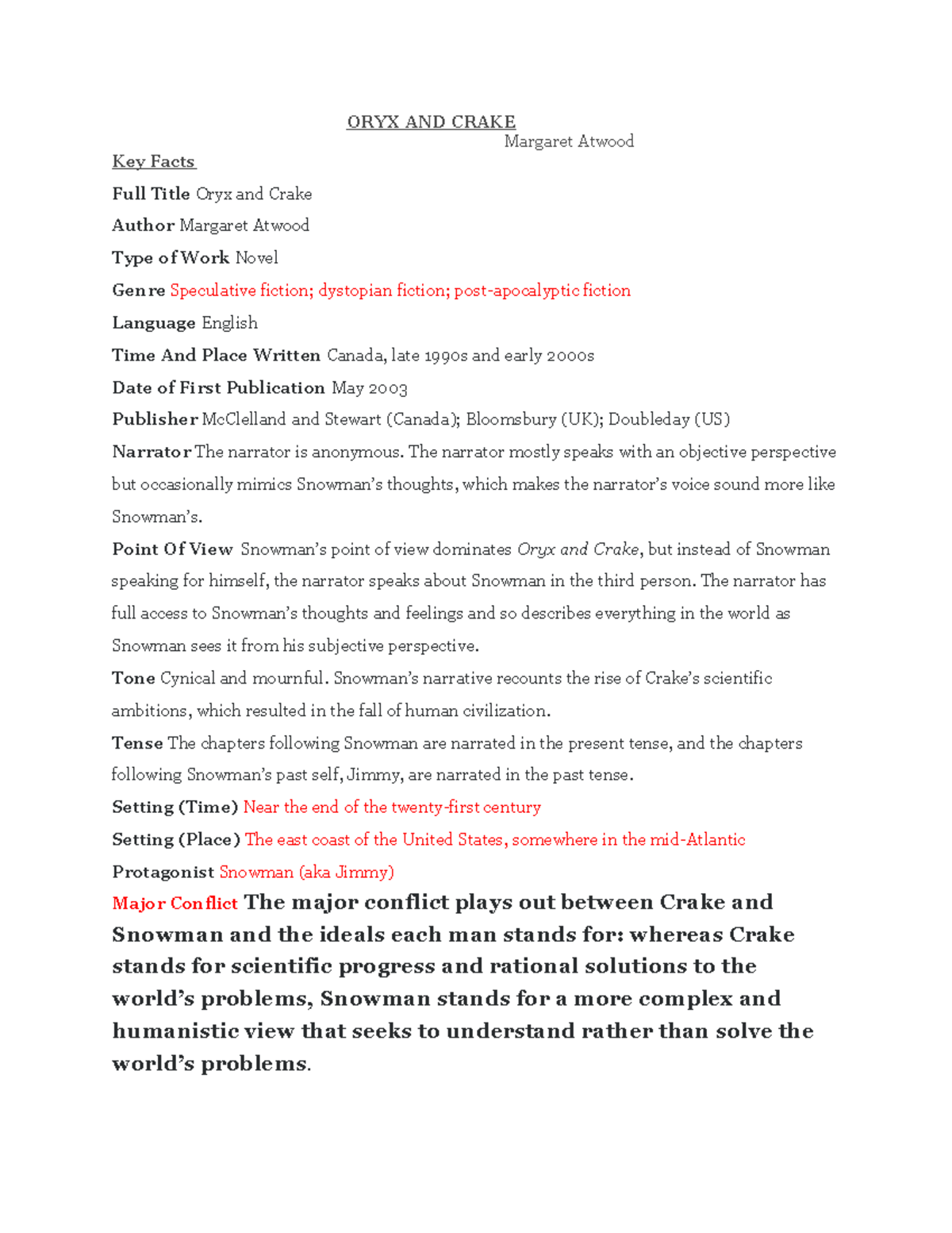 Oryx and Crake- Notes - ORYX AND CRAKE Margaret Atwood Key Facts Full ...