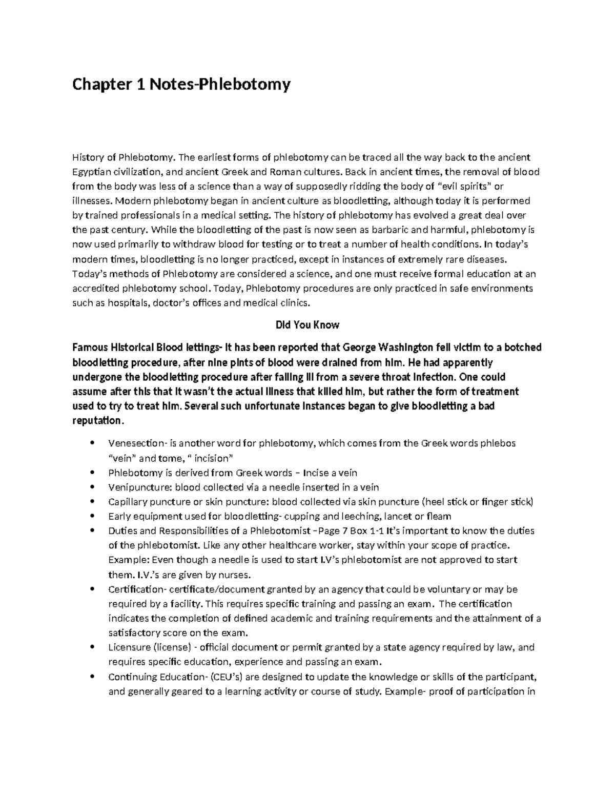 Chapter 1 Notes-Phlebotomy - Chapter 1 Notes-Phlebotomy History of ...