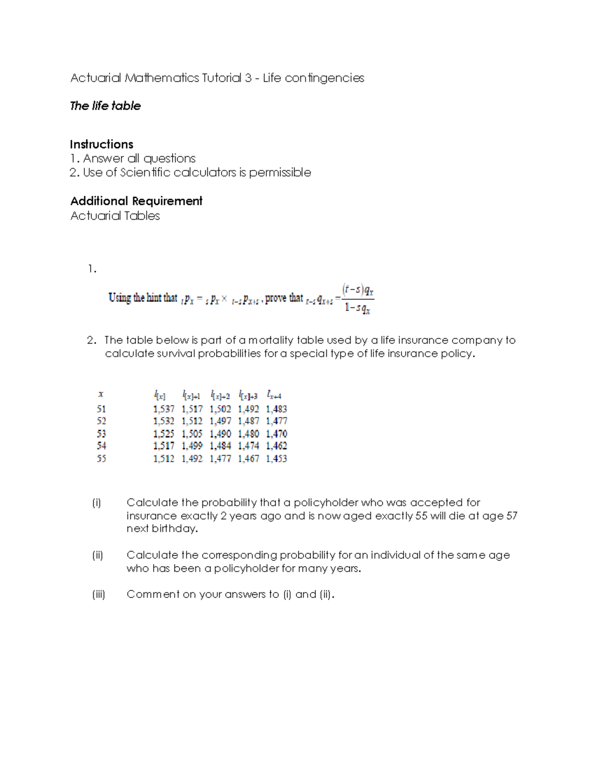 Life contingencies tutorial 3 - Actuarial Mathematics Tutorial 3 - Life ...