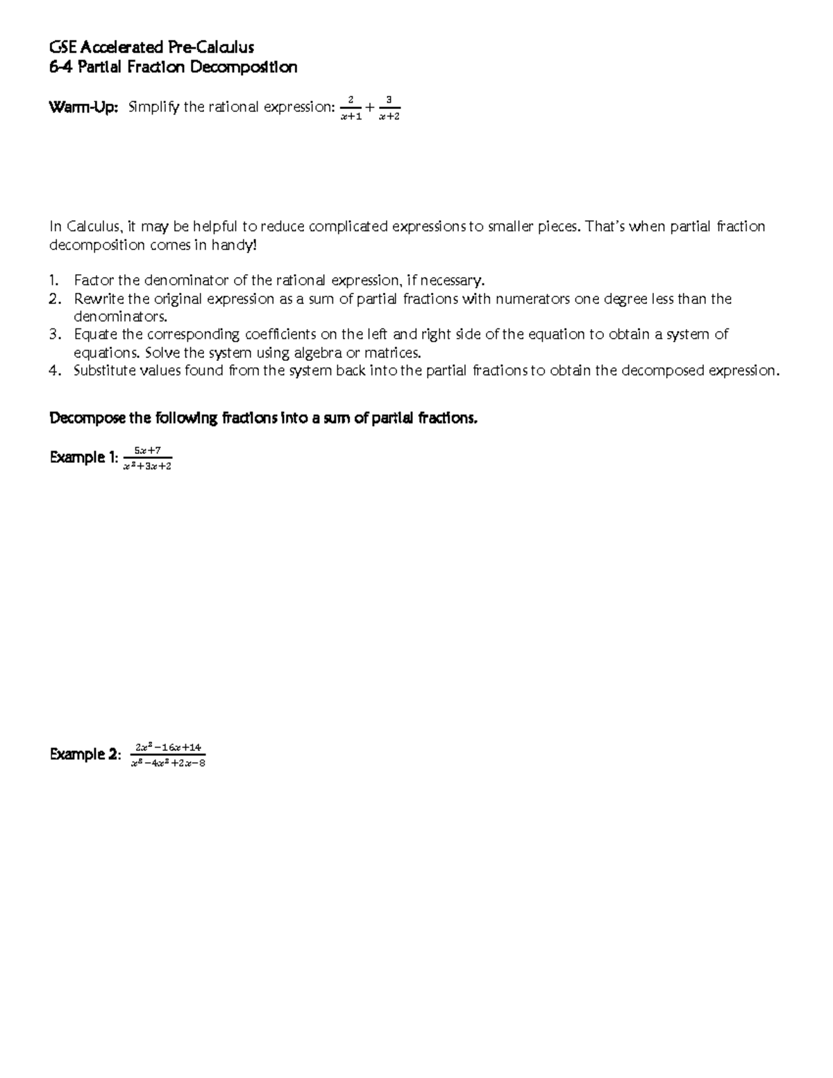 1-27 Partial Fractions Notes - GSE Accelerated Pre-Calculus 6 - 4 ...