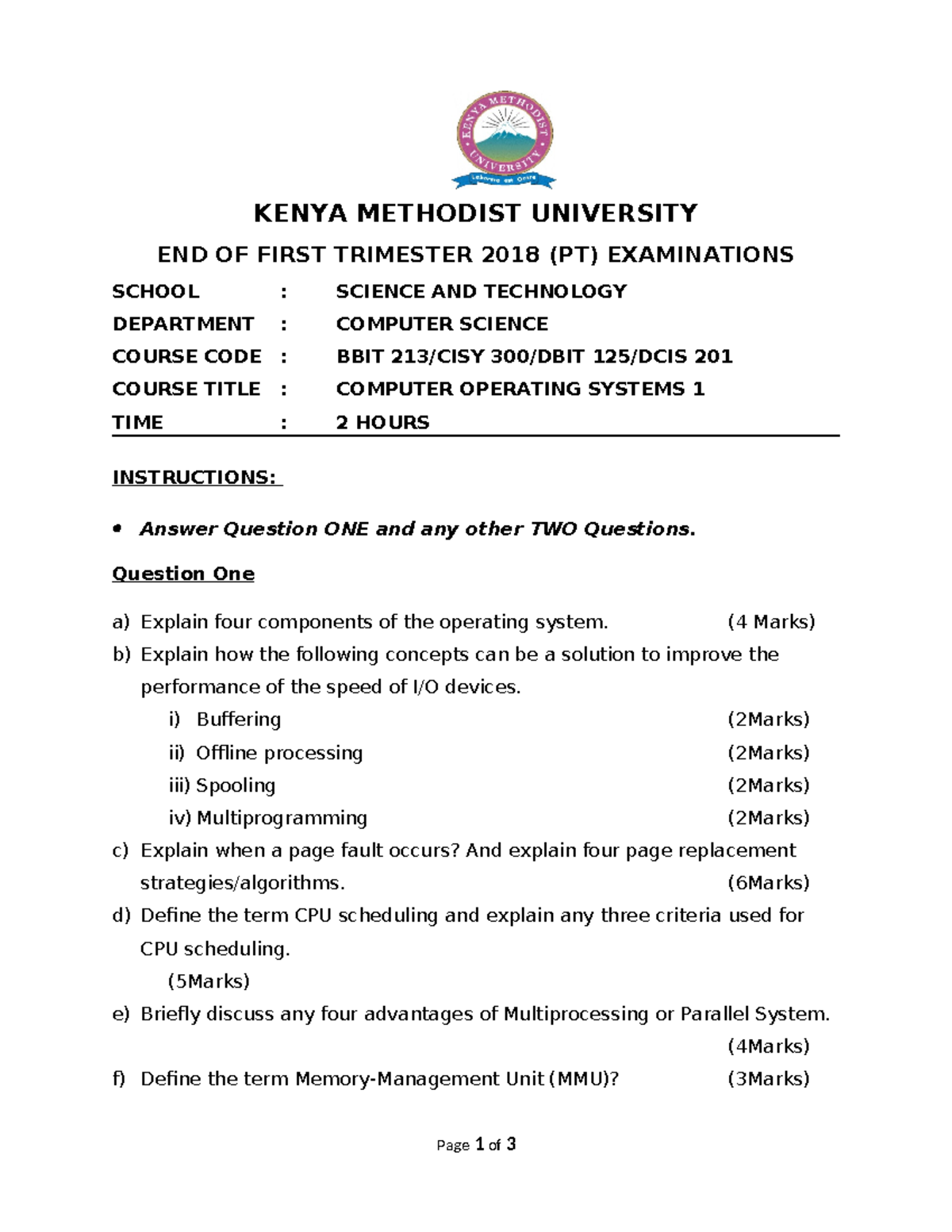 (B BIT 213 ) (CISY 300) PTA 1ST Trimester 2018 - KENYA METHODIST UNIVERSITY END OF FIRST ...