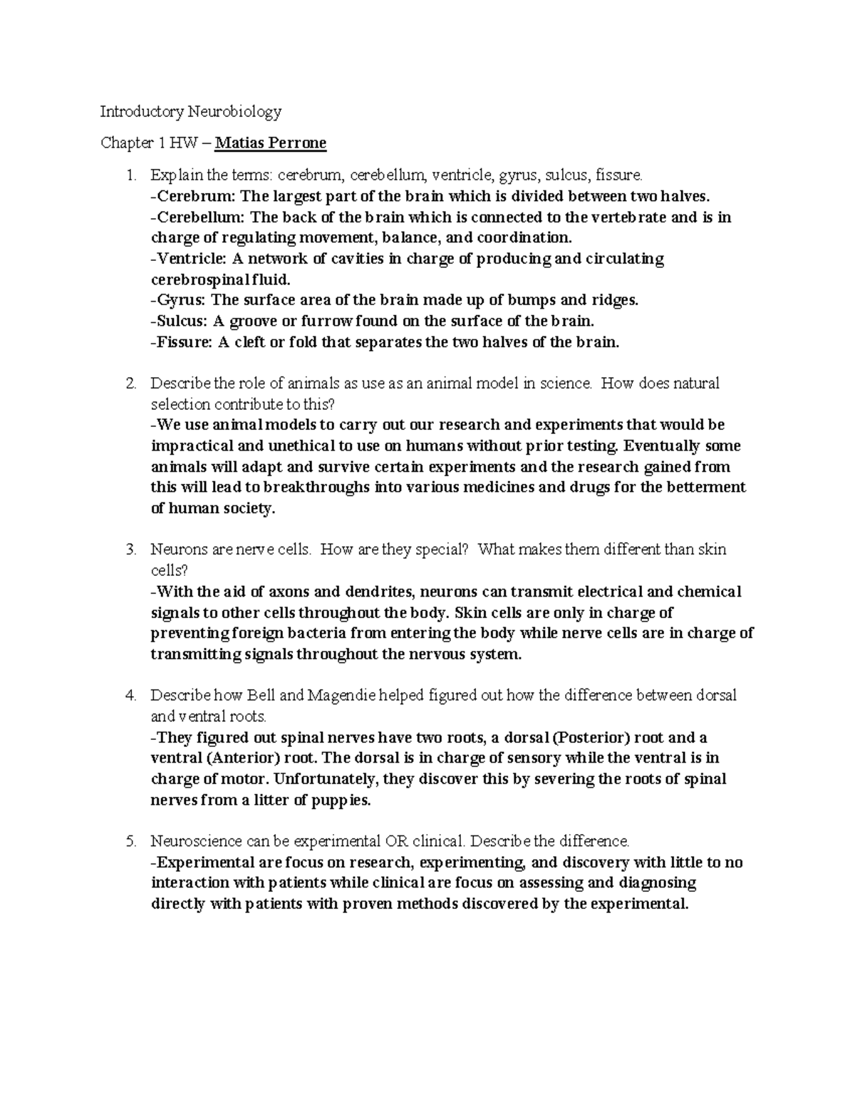 ZOO3744 - Neurobiology chapter 1 Homework, Introduction to Neuroscience ...
