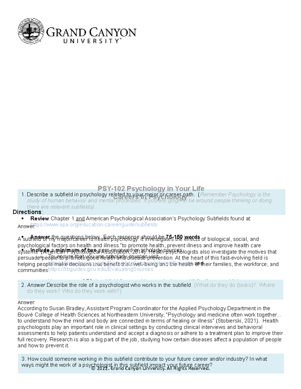 Careers in Psychology - Answer: A subfield of my major/career is health ...