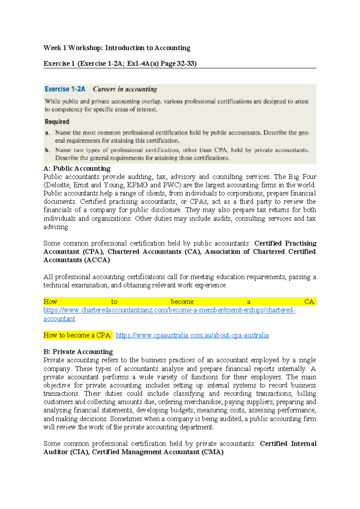 ACFI1001 Week 1 Workshop with answers - Week 1 Workshop: Introduction to Accounting Exercise 1 ...
