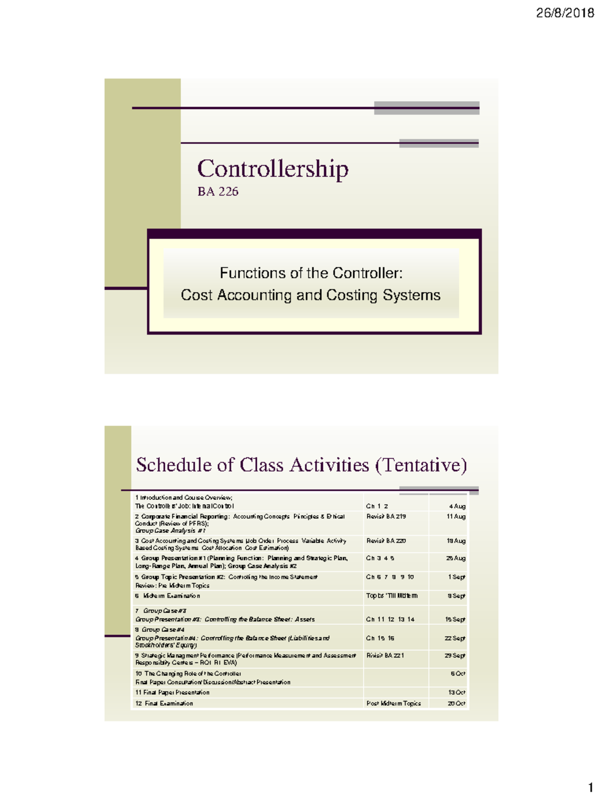 18 25 Aug lecture notes - Controllership BA 226 Functions of the ...