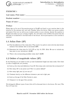 Intro Astro WS23 Exercise 02 - Introduction to Astrophysics S. Dreizler ...