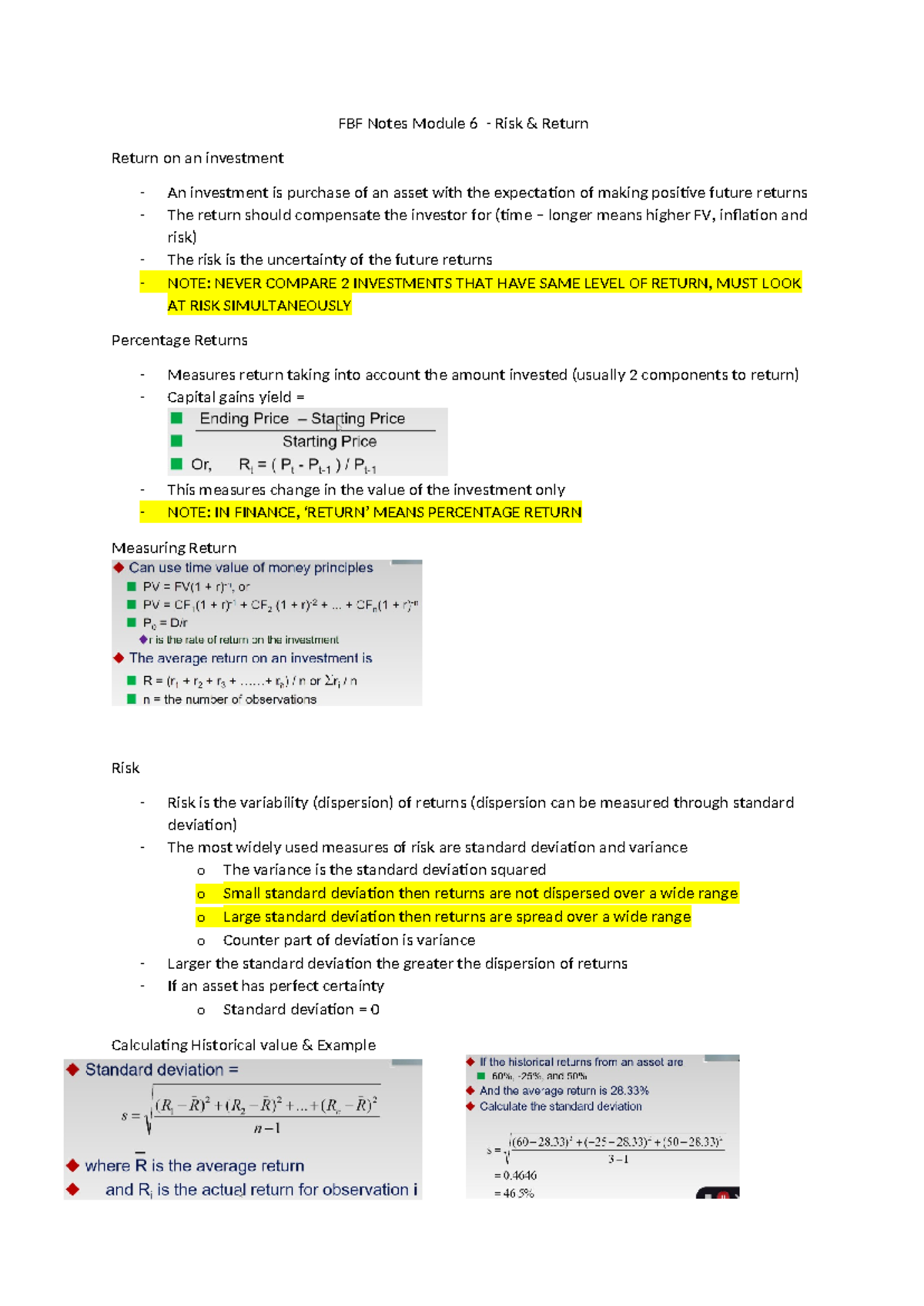 FBF Notes Module 6 - Risk & Return - FBF Notes Module 6 - Risk & Return ...